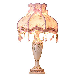 GaRcan Mid-Century Pink Desk Lamps Art Deco Resin Table Lamp Reading Bedside Light Fabric Princess Shade for Living Room Office, Study Room, Bedroom, Dorm Room,Pink