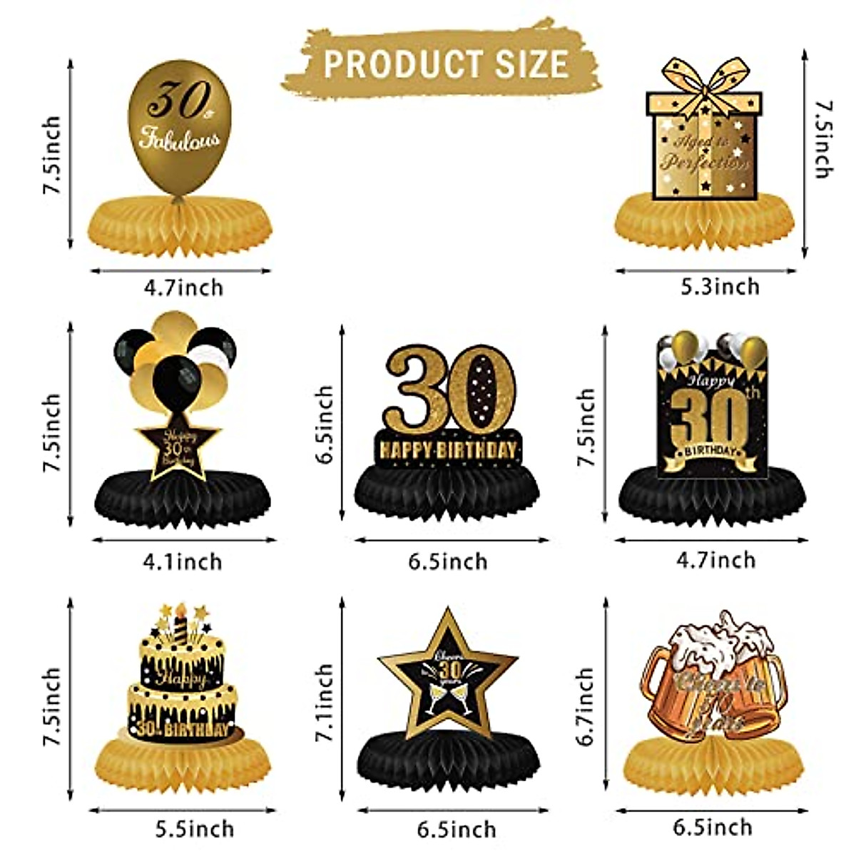 HTDZZI Cheers to 30 Years Birthday Decorations, 30th Birthday Decorations for Him Her, 8Pcs Black Gold Happy 30th Birthday Table Honeycomb Centerpieces, Thirty Birthday Party Decorations Supplies