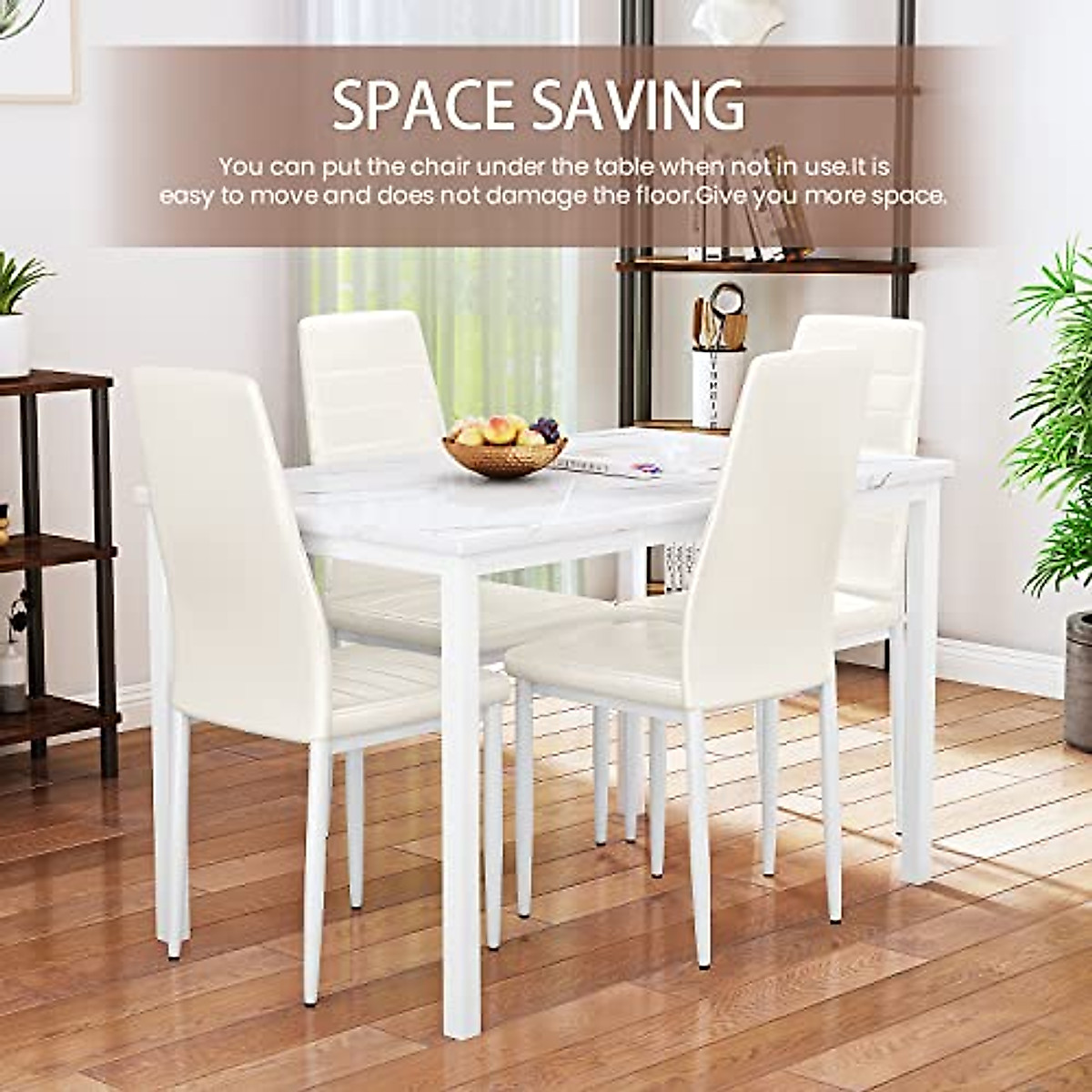 AWQM White Dining Table Set for 4,Faux Marble Kitchen Table and Chairs for 4 with Upholstered Leather Chairs,Dining Room Table Set for Kitchen,Small Spaces,Breakfast Nook,White+Beige