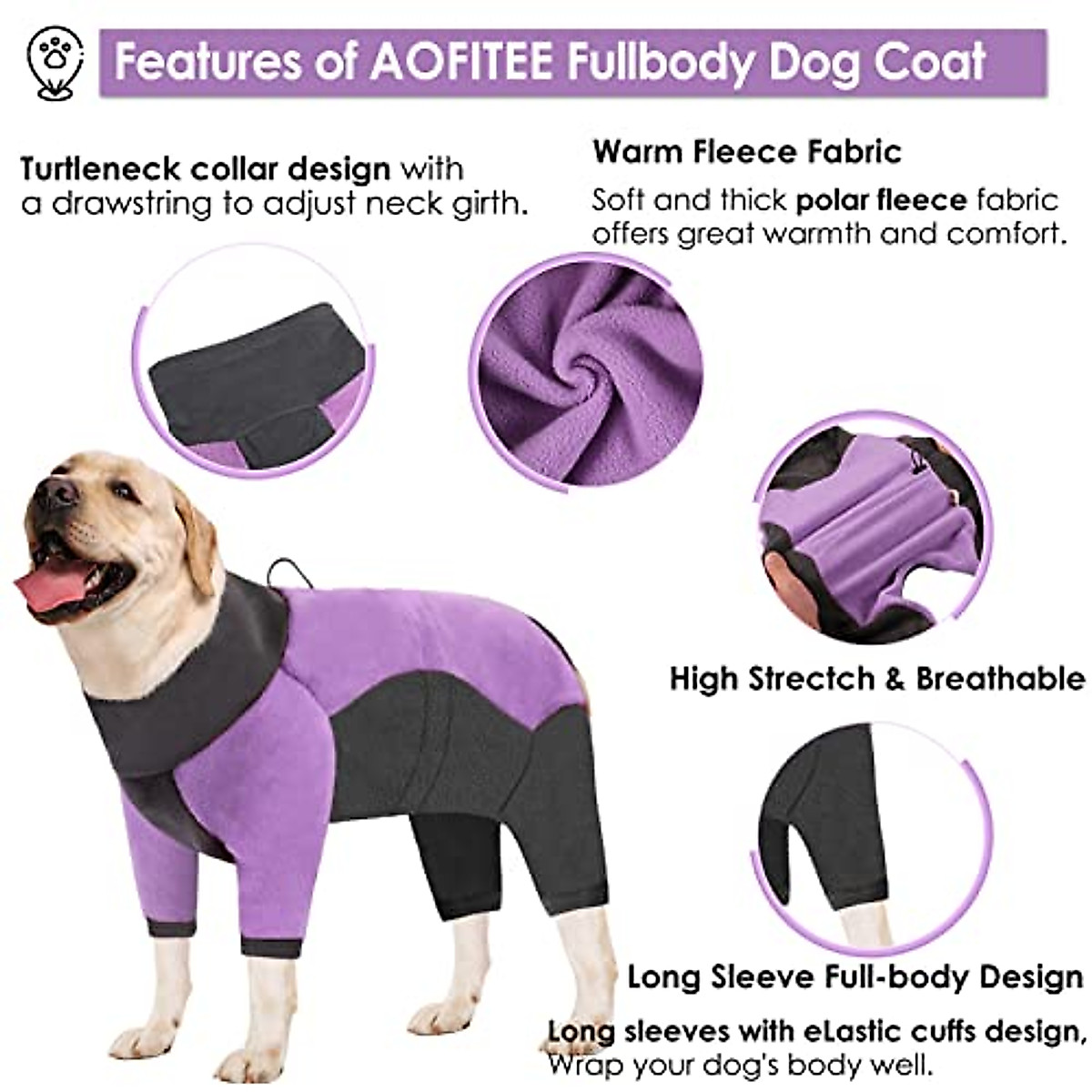 AOFITEE Dog Winter Coat, Warm Pullover Dog Fleece Pajamas, Soft Fullbody Dog Sweater Jackets for Cold Weather, Turtleneck Windproof Dog Onesie Pjs Jumpsuit for Small Medium Large Dogs, Purple L