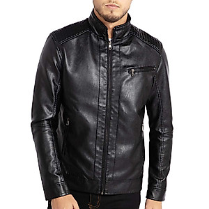 WULFUL Men's Stand Collar Leather Jacket Motorcycle Lightweight Faux Leather Outwear