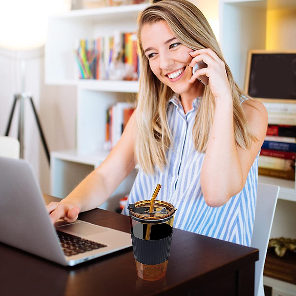 Faynore 16oz Glass Tumbler Colored Glass Cups with Lids and Straws, Drinking Glasses for Juice Beverages Iced Coffee Tea Smoothie Soda Milk (Amber)