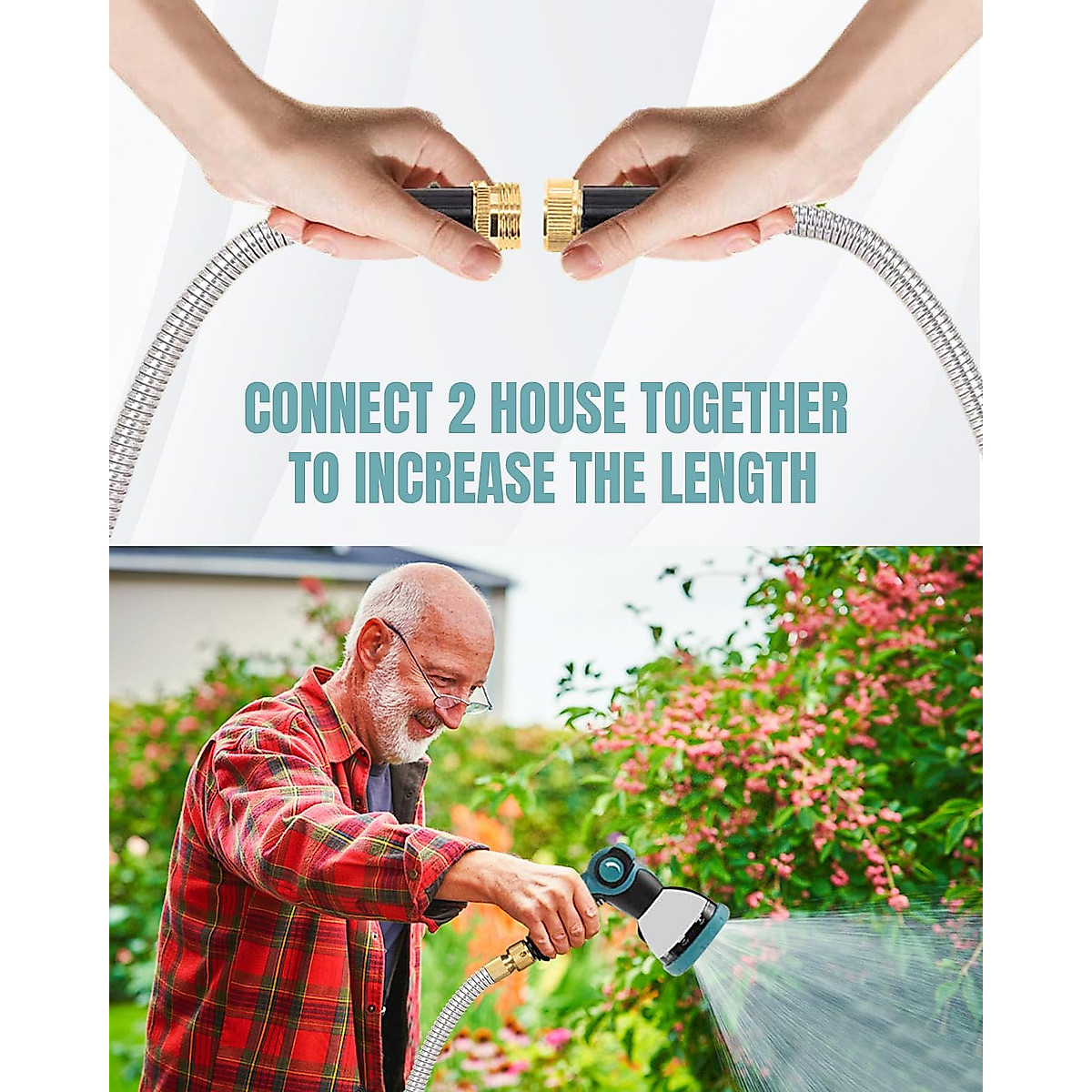 Stainless Steel Garden Hose, 50ft Heavy Duty Metal Water Hose with 10-Mode Water Gun & 6 Pattern Spray Nozzle, Flexible, Leak Proof, No Kink, Puncture Resistant for Yard, Outdoors, Rv