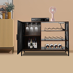 DDBESSIC Wine Bar Cabinet, Retro Wine Bar Rack Cabinet with 3 Detachable Wine Racks Industrial Coffee Bar Cabinet for Liquor and Glasses Buffet Cabinet