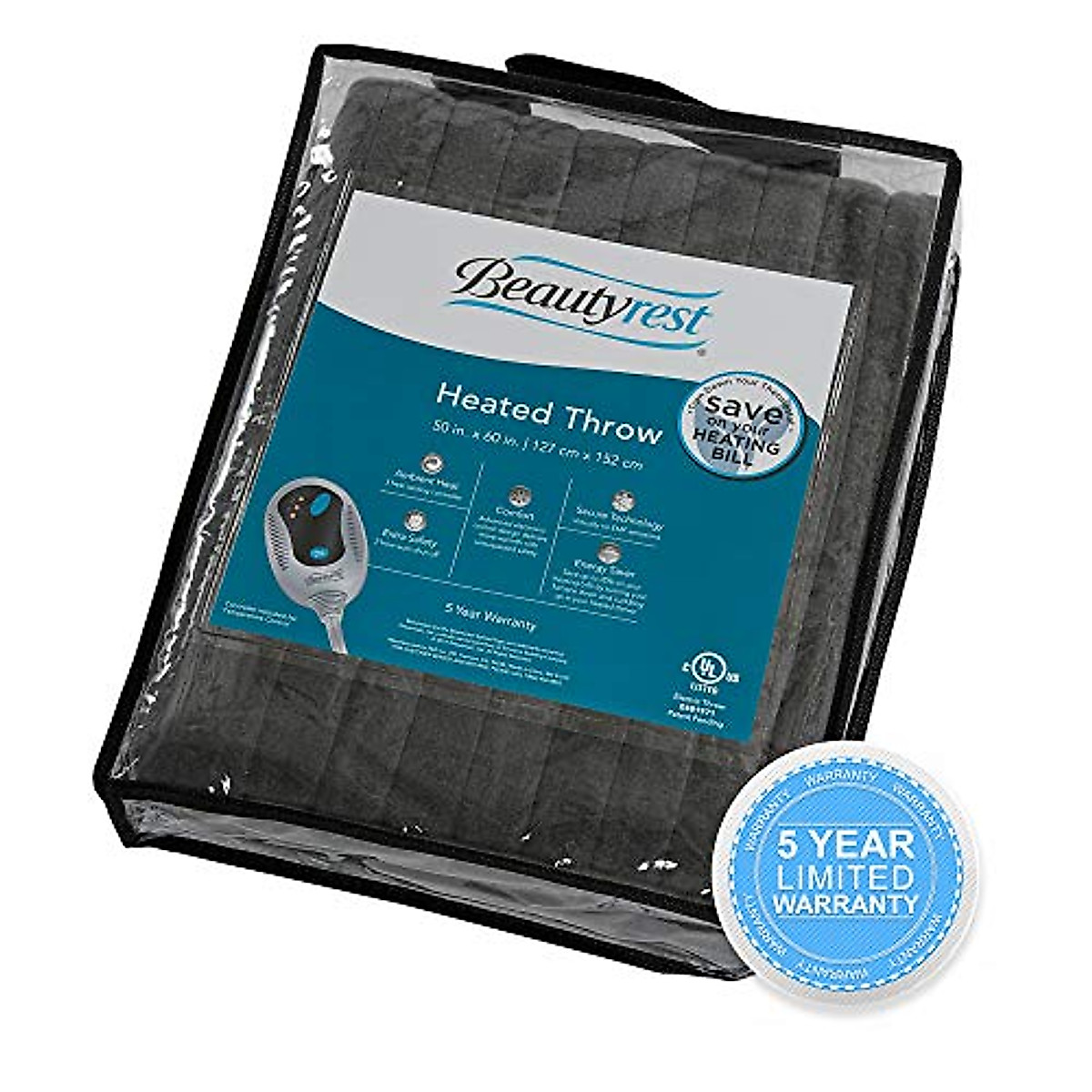 Beautyrest Fleece Electric Blanket Heated Throw Wrap Super Soft Hypoallergenic with Auto Shutoff-3-Setting Controller, 50 x 60 in, Grey