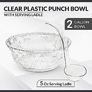 Pro Dispose Plastic Punch Bowl with Ladle | 8 Quart Clear 2 Gallon Punch Plastic Bowls | BPA Free Recyclable Punch Set of Bowl and 5 oz. Ladle | Embroidered Punch Bowl with Serving Ladle for Parties
