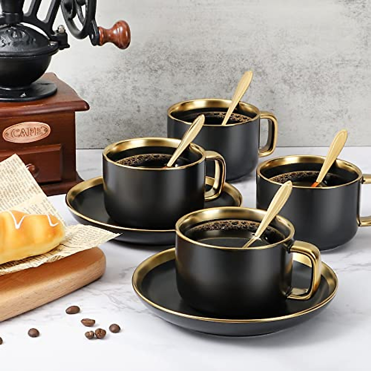 MSYSGQI European style Luxury Gold rim Tea cup and saucer Set,8.5 Oz Ceramic Tea Cup Coffee Cup Set(Black 4 pack)