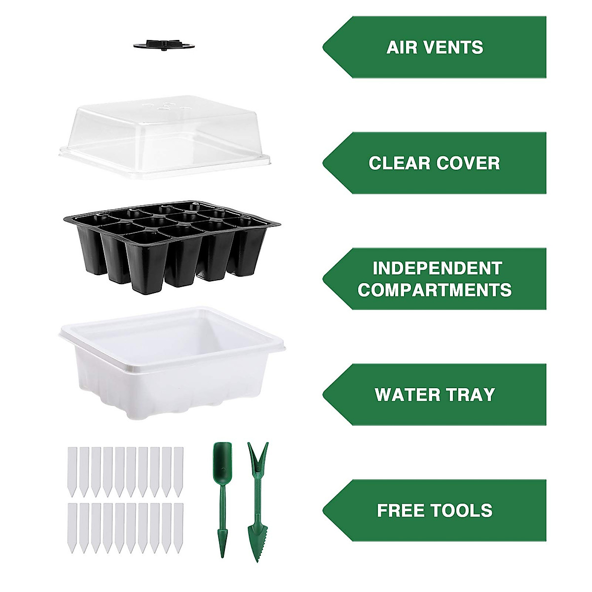 Delxo 10-Pack Seed Starter Kit Seedling Starter Tray (12 Cells per Tray) Humidity Adjustable Plant Germination Kit Garden Seed Starting Tray with Dome and White Base Plus Plant Tags Hand Tool Kit