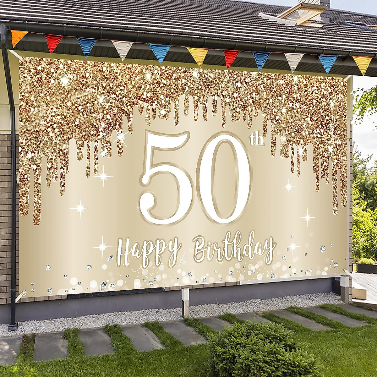 Happy 50th Birthday Banner Backdrop Decorations for Women, Gold White 50 Birthday Sign Party Supplies, Fifty Year Old Birthday Photo Booth Background Poster(72.8 x 43.3 Inch)