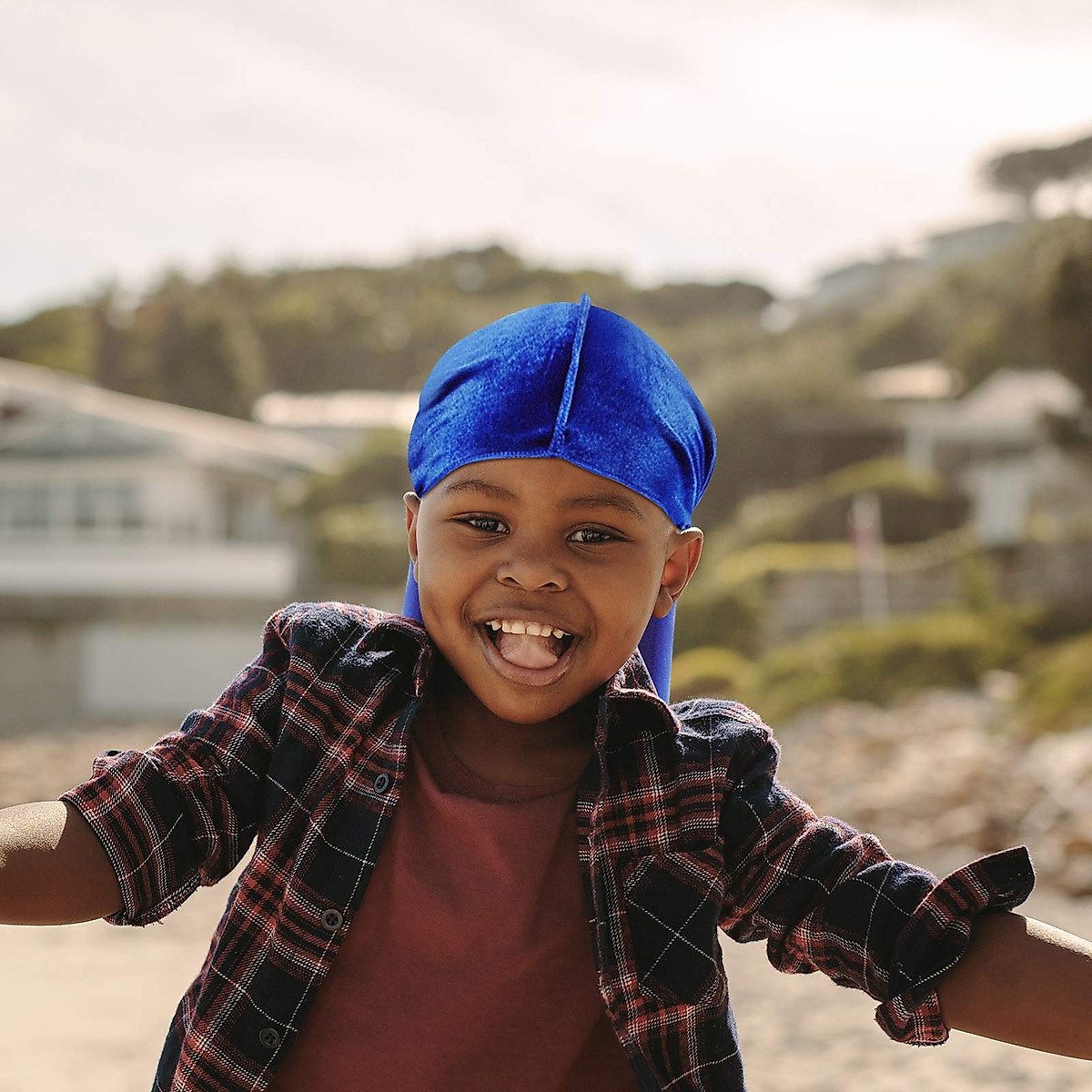 2 Pieces Velvet Baby Durags Kids Durag Caps 360 Wave Wide Strap Headwraps Long Tail Turban Beanies for Boys Girls (Black, Royal Blue)