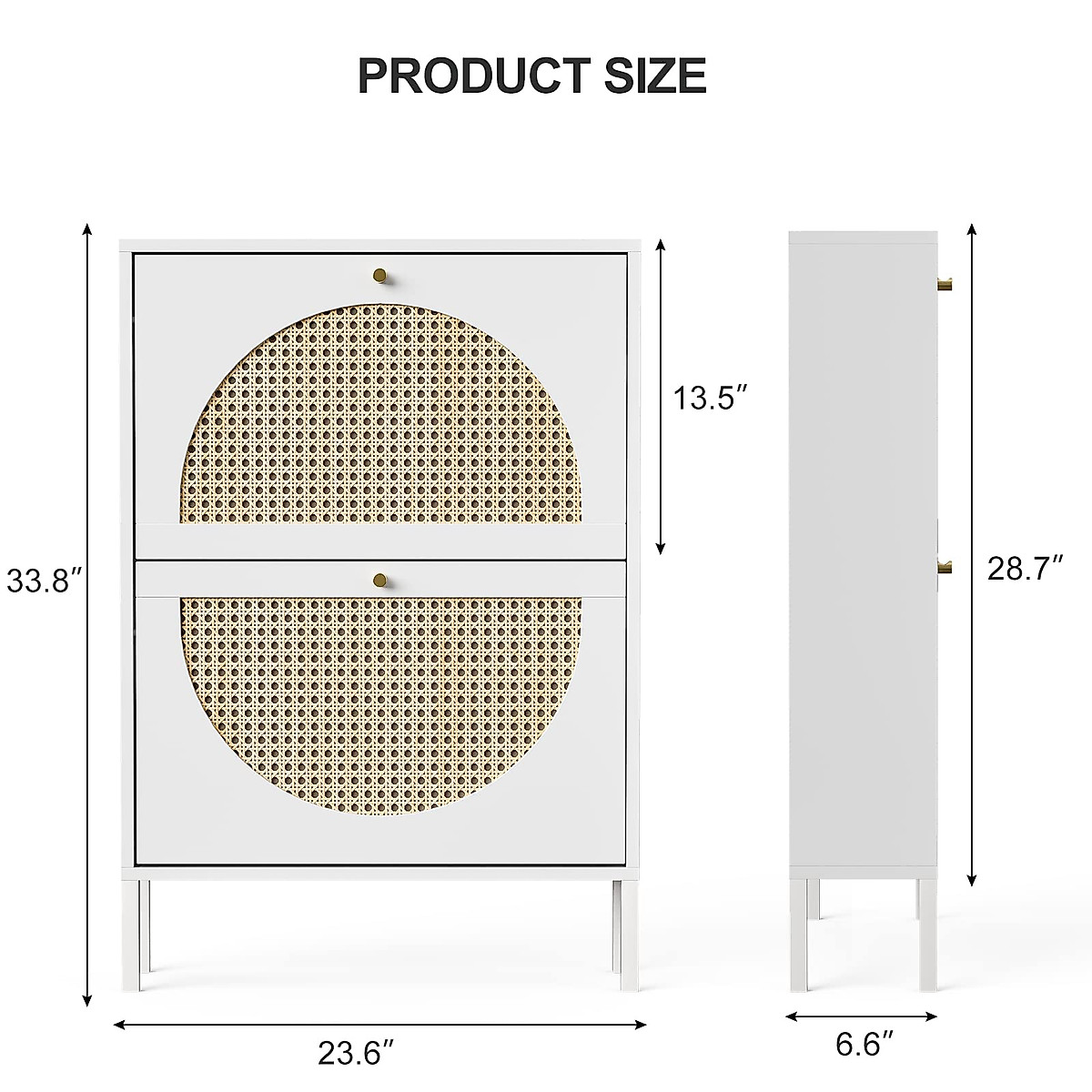 IKIFLY White Rattan Shoe Cabinet with 2 Flip Drawers, Narrow Free Standing Shoe Racks with Metal Legs, Shoe Storage Cabinet for Entryway, Living Room, Apartment