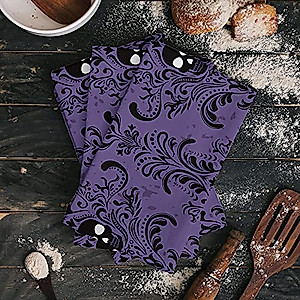 LOVE HOME DAY Halloween Skull Damask Kitchen Towel Set of 1, Horror Black Flowers Texture Hand Towels Absorbent Microfiber Dish Cloth Purple Washable Tea Bar Dishcloth Cleaning Cloths