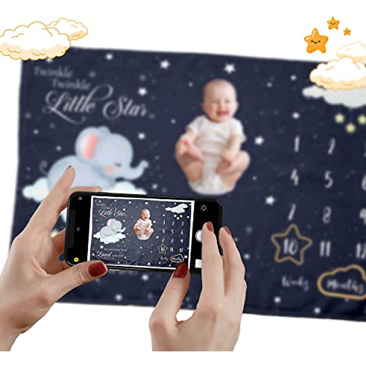 Pavo Baby Milestone Blanket - Baby Monthly Milestone Blanket for Boys Girls - Sleeping Elephant Twinkle Little Star - Neutral First Year Growth Months Chart - Premium Shower Gifts for Newborn 60"x40"