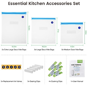 BLITZHOME Vacuum Sealer Bags for Food 3 Sizes, 29 Pack Kit with 15Pcs Reusable Sous Vide Bags, 5 Air Valves, 5 Sealing Clips, 4 Clips for Sous Vide Cooking/Food Storage, BPA Free…