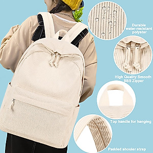 School Backpack for Teen Girls Bookbags Elementary High School Corduroy Laptop Bags Women Travel Daypacks (Beige)