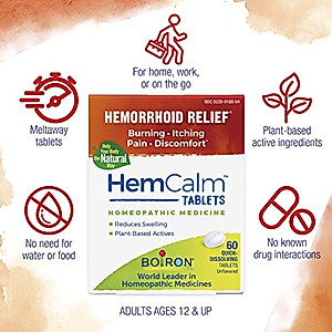 Boiron Hemcalm hemorrhoid Relief Tablets for Itchy Burning Pain, Swelling and discomfort, White, 60 Count