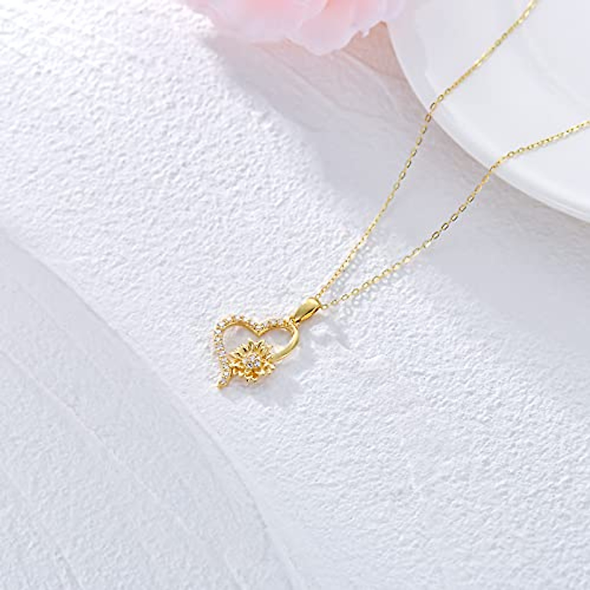 Solid 14k Gold Sunflower Heart Necklace for Wome, Real Gold Flower Necklace You are May Sunshine Necklace Love Jewelry Gifts for Wife, Mom, 16''-18''