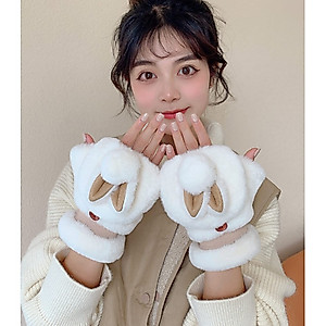 Women Girls Warm Gloves Thicken Cute Rabbit Ears Convertible Flip Top Winter Fingerless Thick Mittens for Teen Student (Color : White, Size : One Size)