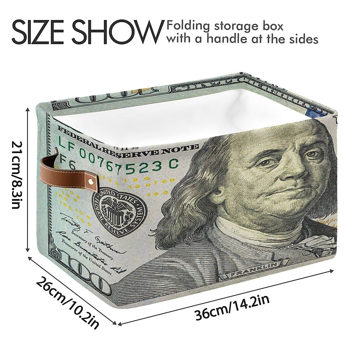 Large Foldable Storage Basket 100 Dollar Bill Printed Storage Bin Canvas Toys Box Fabric Decorative Collapsible Organizer Bag with Handles for Bedroom Home