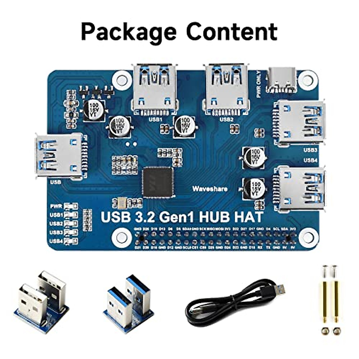 Waveshare USB 3.2 Gen1 HUB HAT, Compatible with Raspberry Pi 5/4B/3B/Zero/Zero W/Zero 2W/Pico/Pico W/Pico WH, 4X USB 3.2 Gen1 Ports, No Driver Required