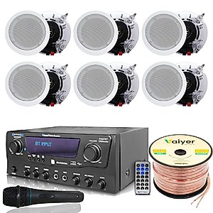 Home Theater System Kit 1000 Watts Bluetooth Receiver w/ 6 Qty 5.25" 175 Watts Each in-Wall in-Ceiling Speakers & 16 Gauge 250 ft. Speaker Wire Portable Microphone w/Remote Control by Technical Pro
