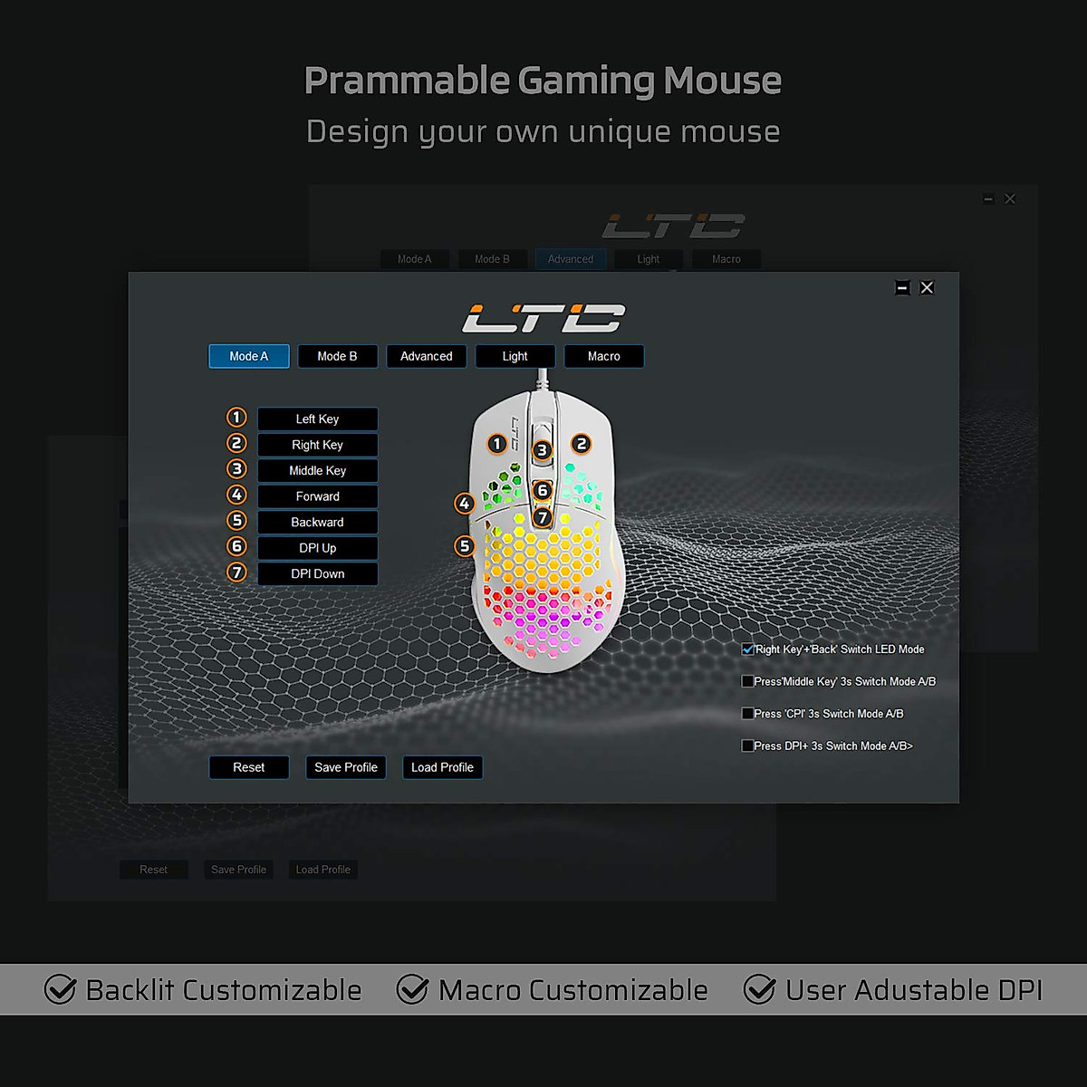 LTC Circle Pit HM-001 RGB Gaming Mouse with 2 Side Buttons, Lightweight Honeycomb Shell, Adjusted 12800DPI, 7 Programmable Buttons, Software Support, White