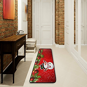 Christmas Runner Rug, Red Christmas Snowman Runner Rug Floor Mat Non-Skid Kitchen Rug Soft Area Rug for Bathroom Entryway Hallway Dining Living Room