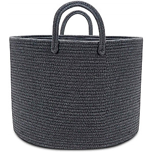 XXL Cotton Rope Basket, 20'' x 15" Woven Laundry Basket with Long Handles, Baby Kids Dogs Toy Bins Storage, Decorative Blanket Baskets in Living Room (Full Dark Gray)
