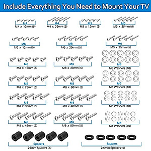 Rust-Free Universal TV Mounting Hardware Kit Includes M4 M5 M6 M8 Stainless Steel Bolts, Washers, and Spacers, Fit All TVs up to 80 inch (125 pcs)