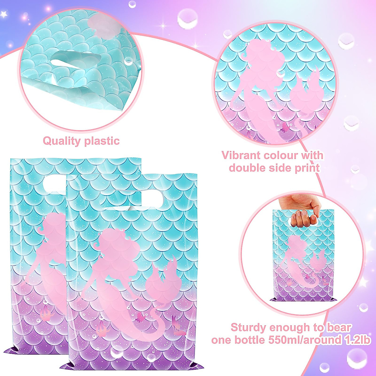 50 Pieces Mermaid Birthday Party Gift Bags,Plastic Mermaid Printed Goodie Bags with Handles Mermaid Candy Party Favor Bags for Kids Girls Under The Sea Theme Birthday Party Supplies and Decorations