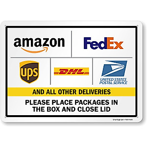 SmartSign 10 x 14 inch “Please Leave Packages in The Box and Close Lid” Metal Sign with Delivery Logos, 40 mil Laminated Rustproof Aluminum, Multicolor, Made in USA