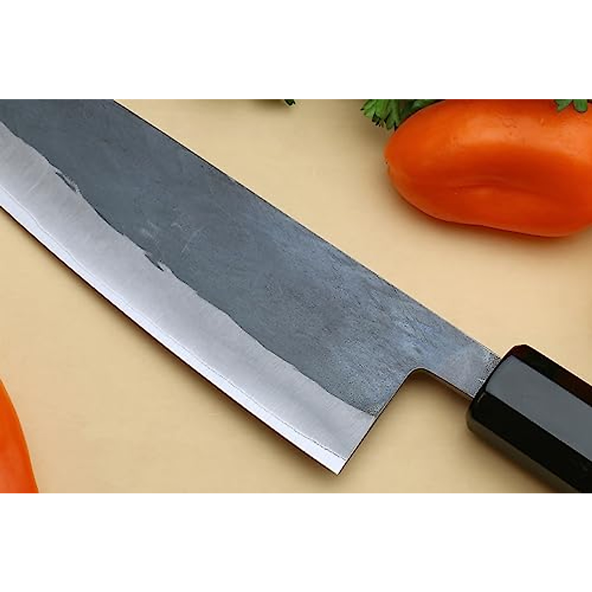Yoshihiro Kurouchi Black-Forged Blue Steel Stainless Clad Santoku Multipurpose Knife Ebony Handle (6.5'' (165mm) & Saya)