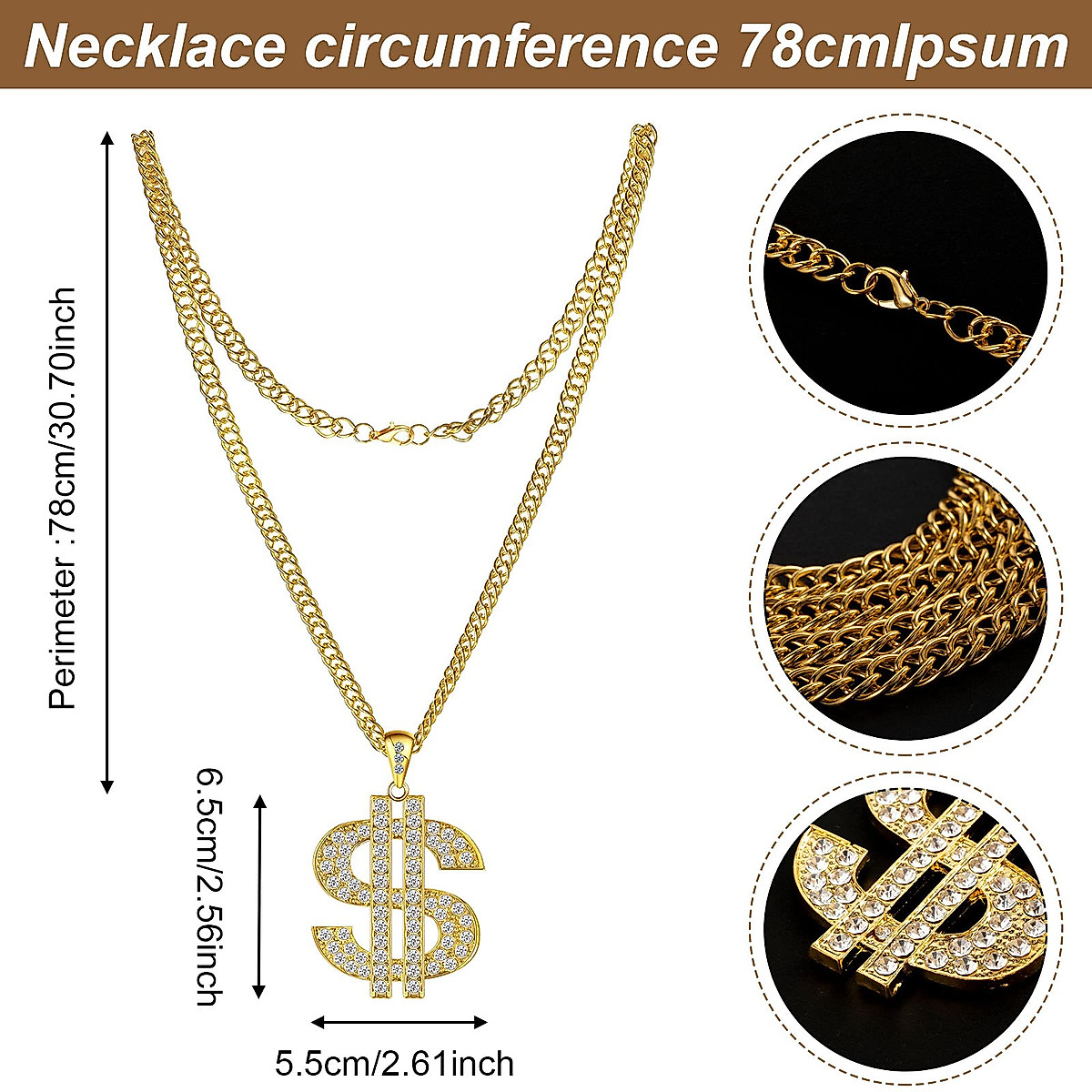 Zhanmai 6pcs 80s 90s Hip Hop Costume Outfit for Men Money Hat Rapper Accessories Fake Gold Dollar Chain Necklace Ring(Gold, Black, White)