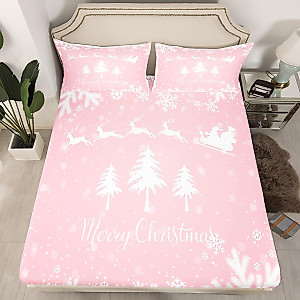 Pink Christmas Bed Sheets Set Merry Christmas Tree Sheet Set for Kids Boys Girls Teens Room Decorations Santa Claus Sheets with Deep Pocket Fitted Sheet Full Size Xmas Deer Elk Bedding Set 4Pcs