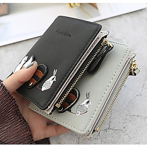 YaJaMa Cute Cat Fox Rabbit Embroidery Women Wallet Small Bifold PU Leather Credit Card Case Holder Zipper Coin Purse for Girls (Black)