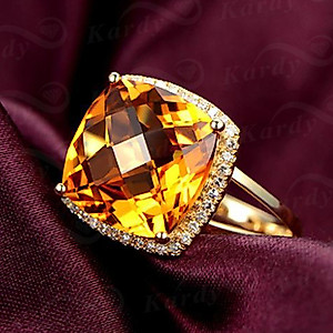 Fashion Women Yellow Citrine Gemstone Diamond Solid 14K Yellow Gold Natural Ring Settings Band Jewelry