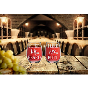 I Like His Beard, I Like Her Butt - 15oz Crystal Wine Glasses - Couples Stemless Wine Glasses – His And Hers Gifts Ideas For Anniversary, Weddings, Bridal Showers