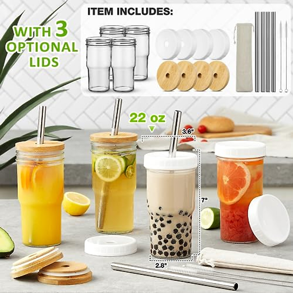 4 Pack Glass Cups with Bamboo Lids and Straws (USA MADE), 22 oz Glass Tumbler with Straw and Lid, Reusable Boba Cup Smoothie Cup Iced Coffee Cup Wide Mouth Mason Jar Cups Drinking Glasses for Bubble