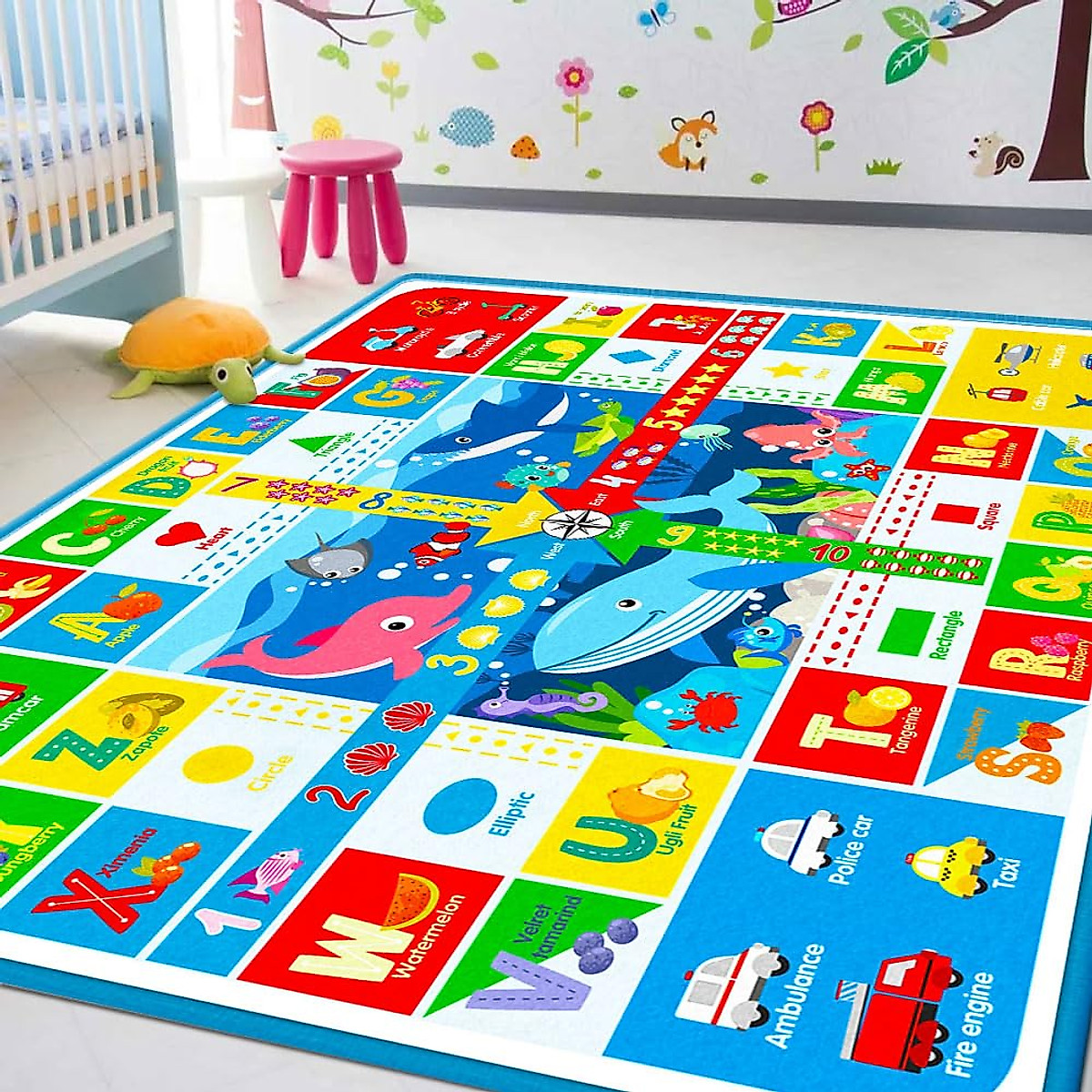 44" x 59" Baby Play Mats for Floor, Baby Crawling Mat, Kids Play Rug, Foldable Non Slip Tummy Time Mat Soft Plush Surface Baby Playmat for Toddlers & Infants, Classroom Playroom Bedroom Activity Mat