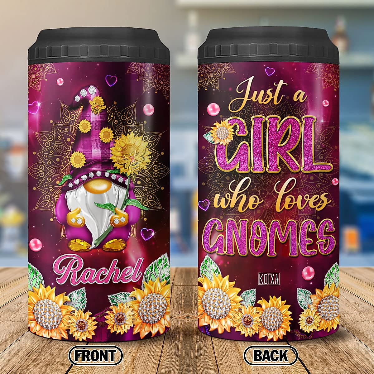 KOIXA Personalized Gnome Can Cooler Insulated 4-in-1 16oz Tumbler Just A Girl Who Loves Gnomes Sunflower Stainless Steel Can Holder Travel Cup Flower Hippie Cute Things For Girls