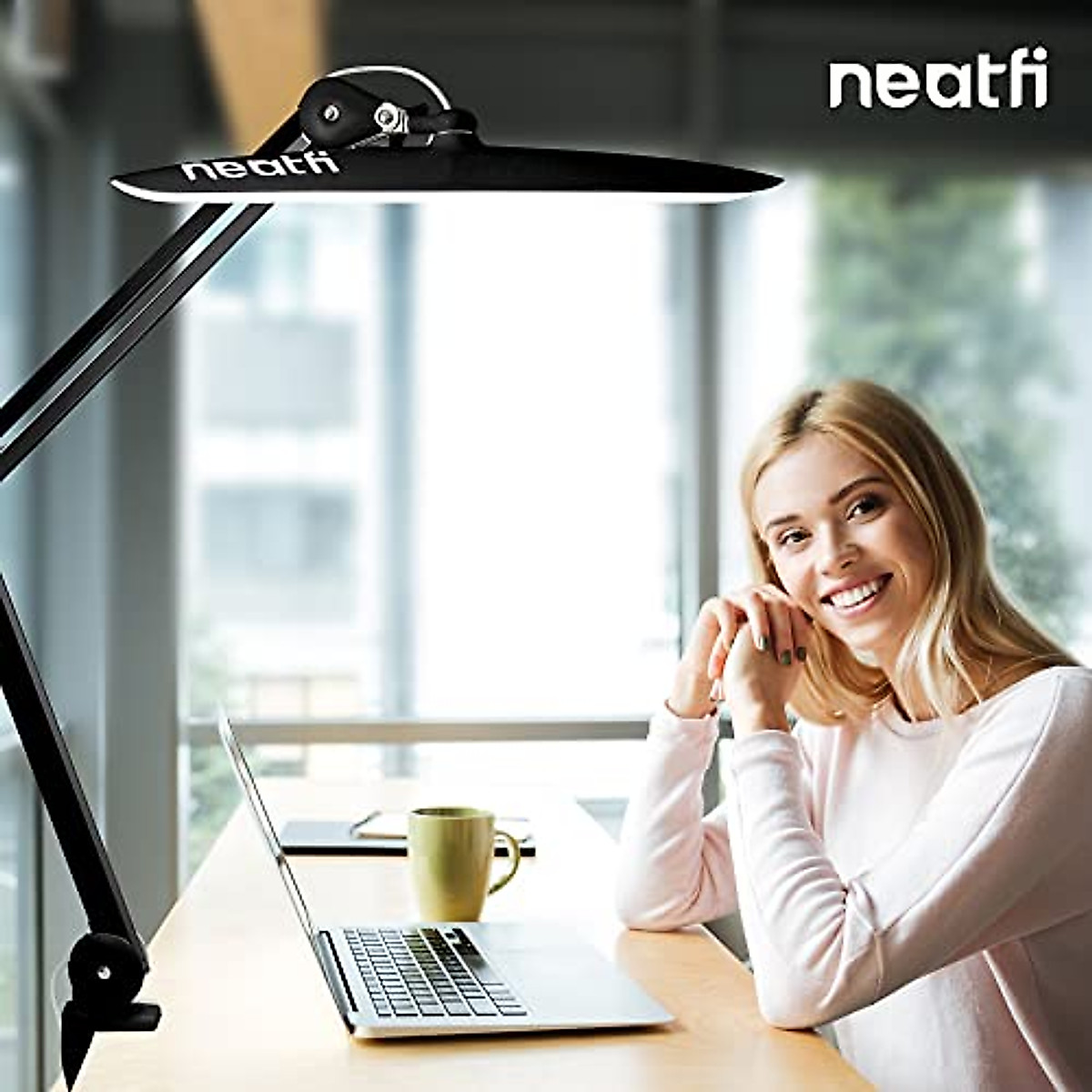 Neatfi XL 2,200 Lumens LED Task Lamp with Clamp, 24W Super Bright Desk Lamp, 117 Pcs SMD LED, 20 Inches Wide Lamp, 4 Level Brightness, Dimmable, Eye-Caring LED Lamp, Table Clamp LED Light (Black)
