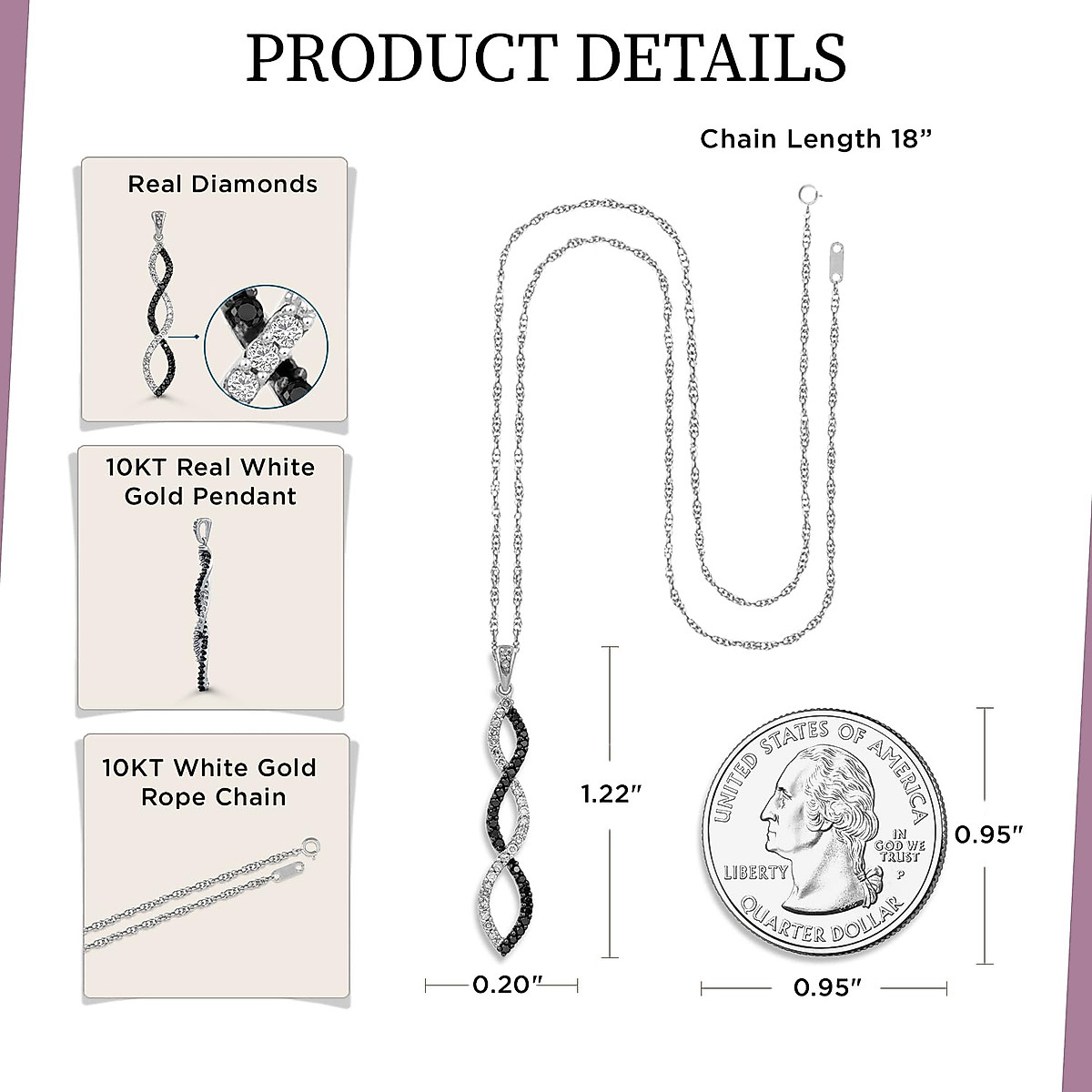 Jewelili 10k White Gold Twist Pendant Necklace with Round Black and White Diamonds, 1/4 cttw, 18" Rope Chain