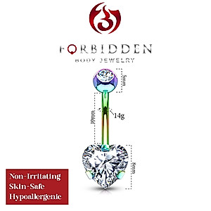 Forbidden Body Jewelry 14g Tri-Prong Heart Shaped CZ Solitaire Belly Button Ring, Rainbow/Clear