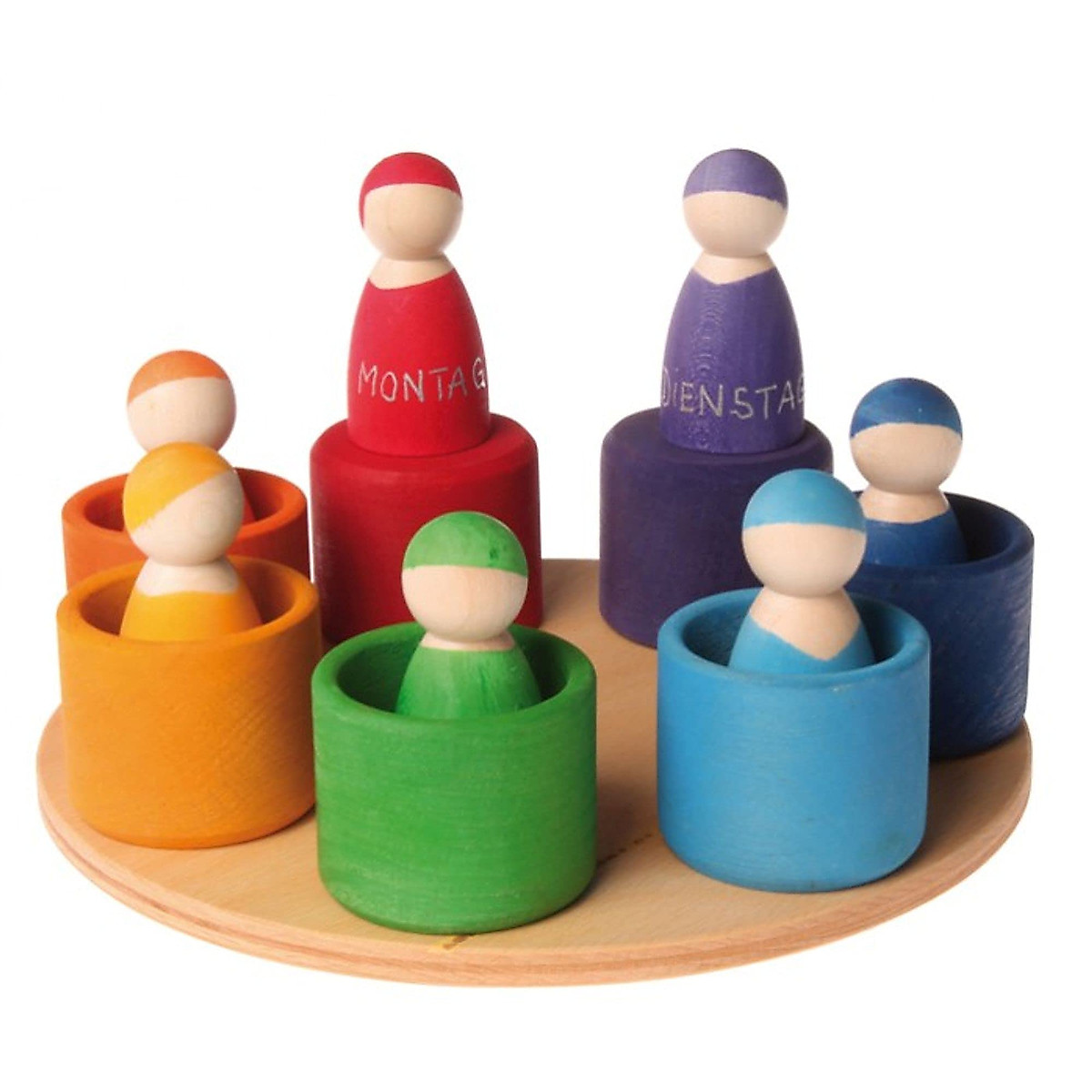 Grimm's Seven Friends in 7 Bowls: Set of Wooden Sorting & Matching Rainbow Peg Dolls with Little Cups and Tray