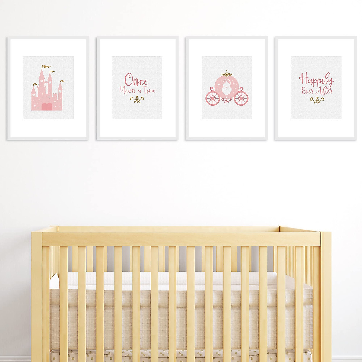 Big Dot of Happiness Little Princess Crown - Unframed Pink and Gold Castle Nursery and Kids Room Linen Paper Wall Art - Set of 4 - Artisms - 8 x 10 inches