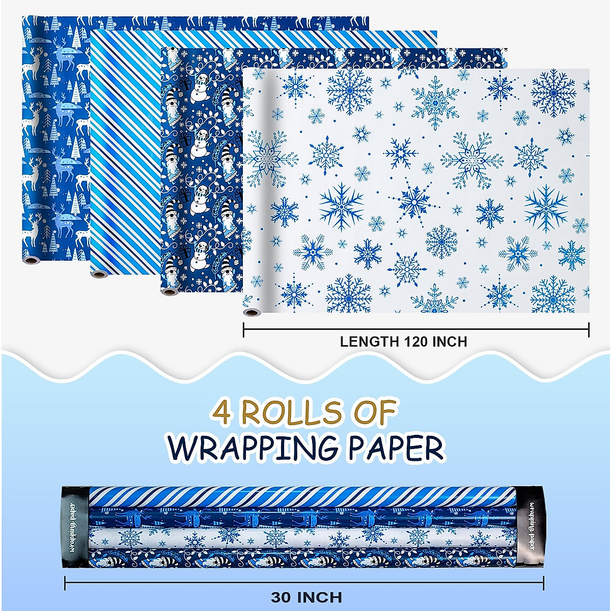 Flyhill Jumbo Christmas Wrapping Paper Bundle with Gridlines-30 In X120 In-4 Roll-Snowmen & Santa Claus & Snowflakes & Reindeer & White Stripes & Tree for New Year,Birthday,Holiday