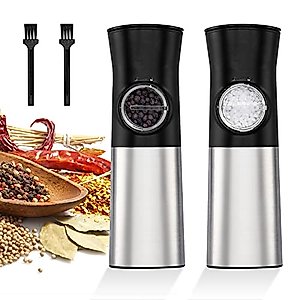 Qoosea Gravity Salt and Pepper Grinder Set, 2 Pack Electric Pepper Grinder Set with LED Light, Stainless Steel Automatic Pepper Grinder Mill Battery Powered, Adjustable Coarseness, One Hand Operated