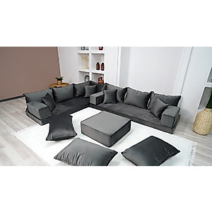 Dark Gray Color Modern Livingroom Floor Cushions, Sectional Sofas, Pallet Sofa, Moroccan Home Decor Livingroom Sofa, Luxury Arabic Sofa Set (L Sofa + Ottoman + Pillows)