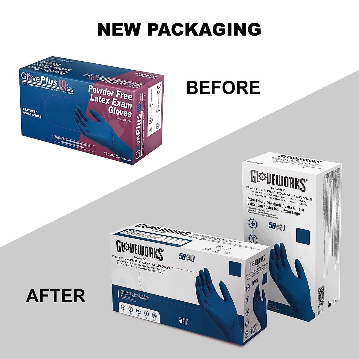 GLOVEWORKS HD Medical Blue Latex Gloves, Box of 50, 13 Mil, Size Large, 12 Inches Long, Powder Free, Textured, Disposable, Non-Sterile, GPLHD86100BX