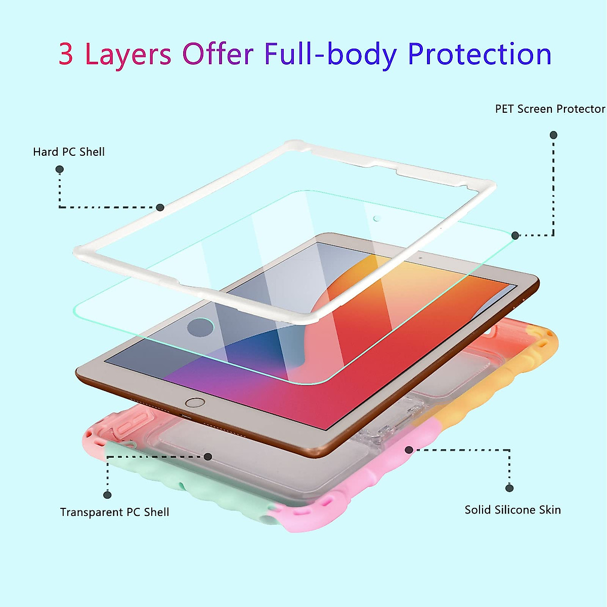 TopEsct iPad 9th/8th/7th Generation Case, iPad 10.2 Case for Kids with Portable Shoulder Strap, PET Screen Protector & Shockproof Silicone, Rainbow